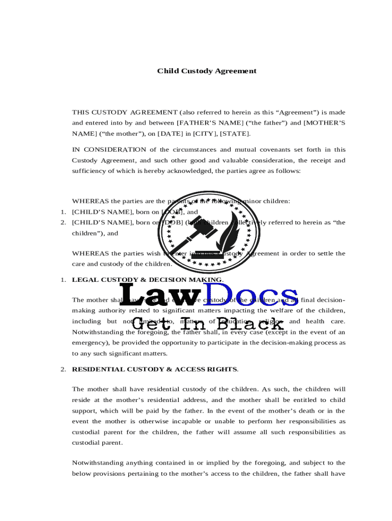 Child Custody Agreement Template: Sole or Joint Custody Doc Template ...