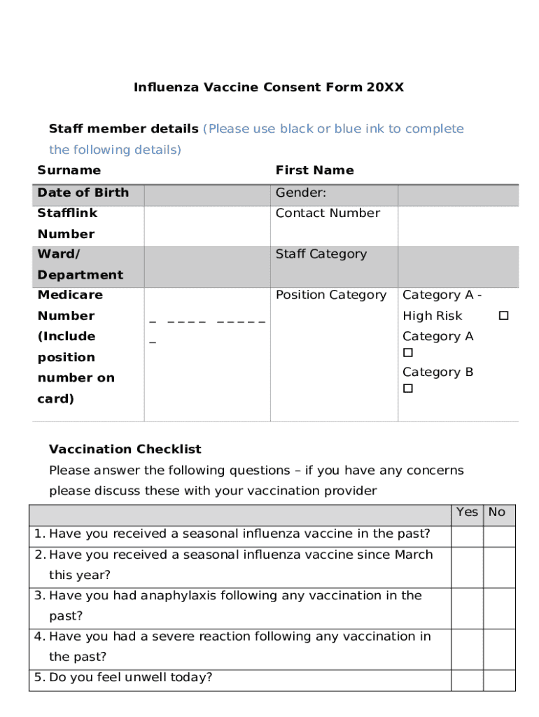 Influenza vaccination consent for health care workers Doc Template ...