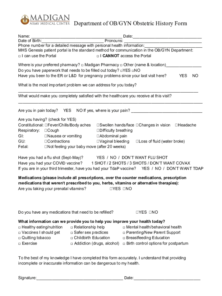 Fillable Online Department of OB/GYN Obstetric History Form Fax Email ...
