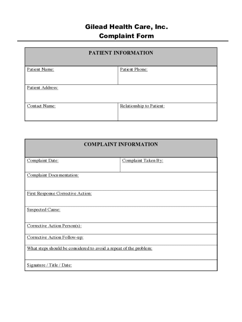 Fillable Online Gilead Health Care, Inc. Complaint Form Fax Email Print ...