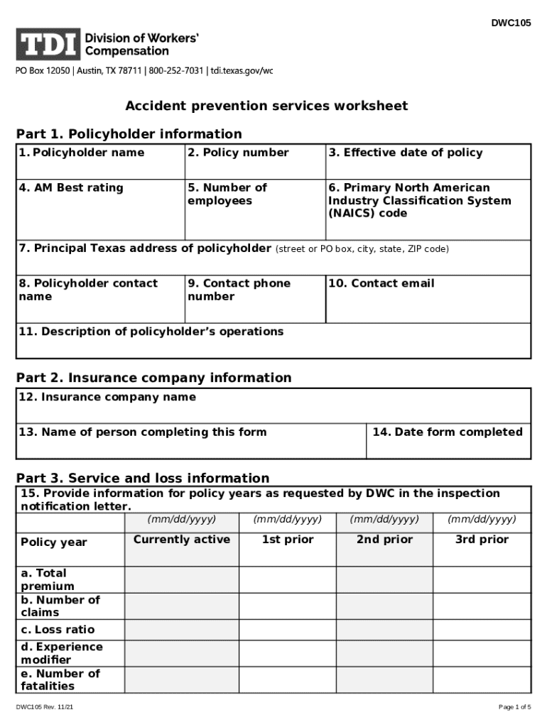 DWC -105, Accident prevention services worksheet Doc Template | pdfFiller