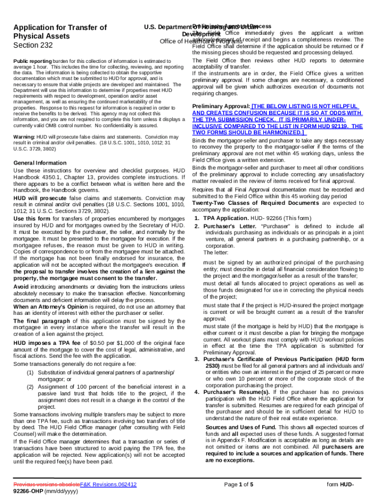 Application for Transfer of Physical Assets (TPA) - HUD Doc Template ...
