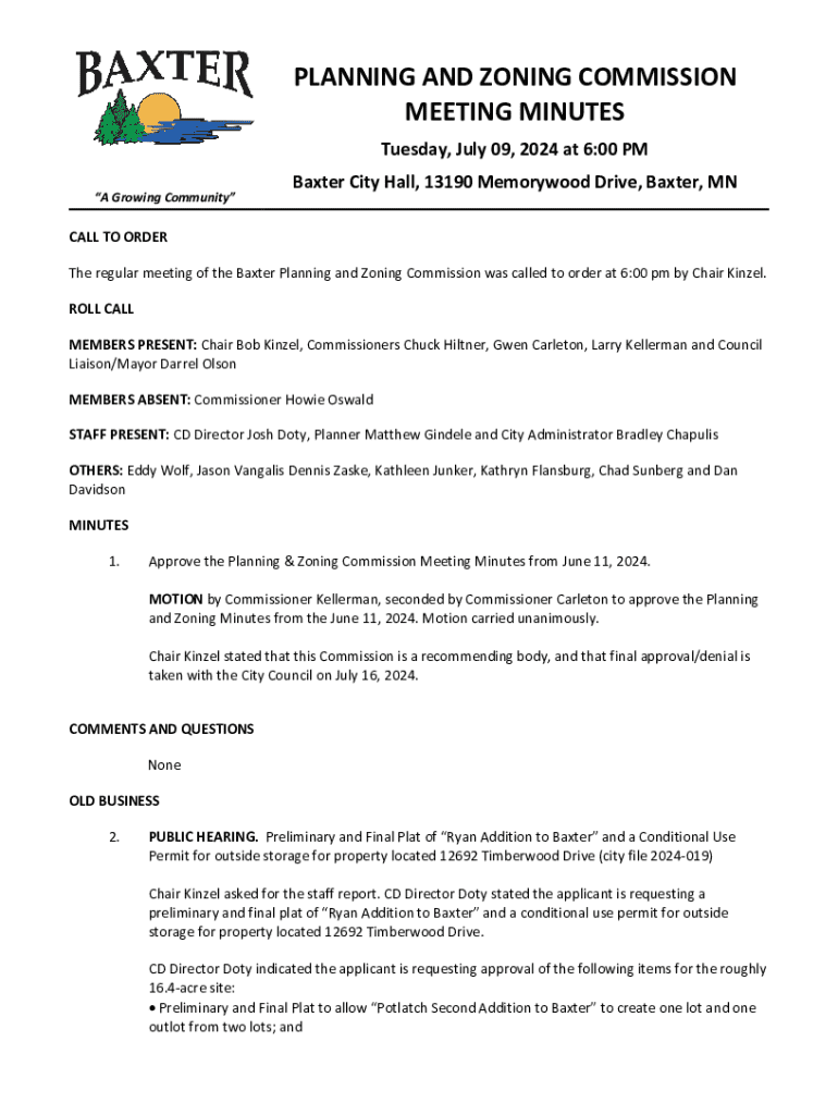 Fillable Online MEMBERS PRESENT: Chair Bob Kinzel, Commissioners Chuck ...