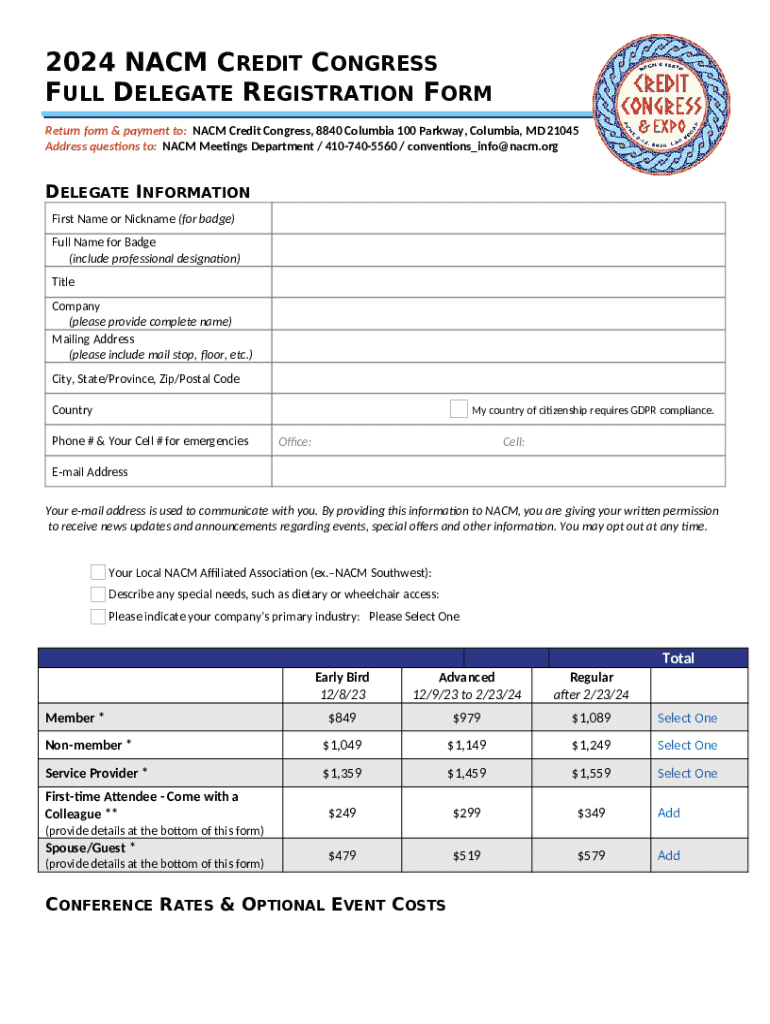 Full Delegate Registration - creditcongress nacm Doc Template | pdfFiller