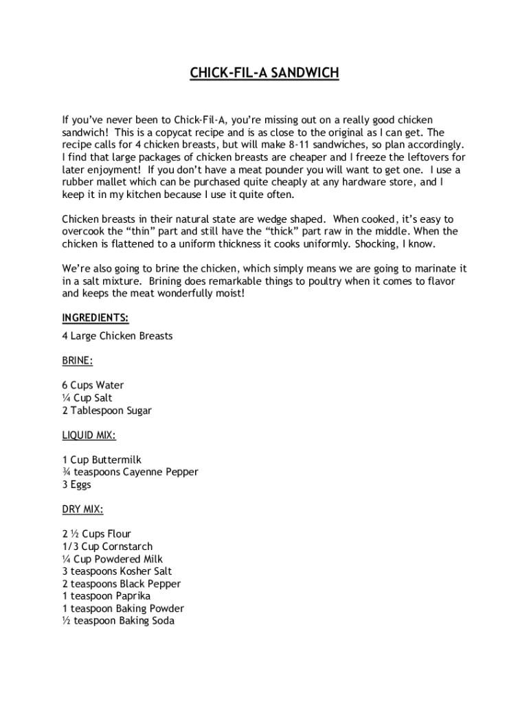 Fillable Online Chick fil A Spicy Chicken Sandwich Recipe Copycat Recipe Fax Email Print - pdfFiller