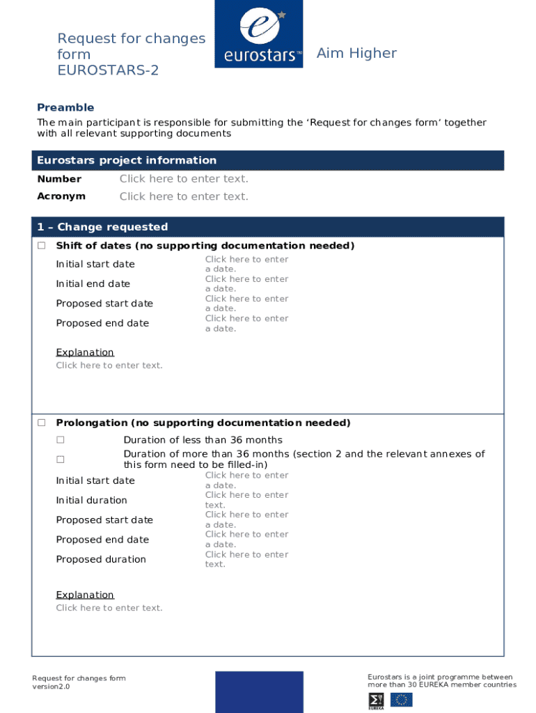 Request for changes for an Eurostars project Doc Template | pdfFiller