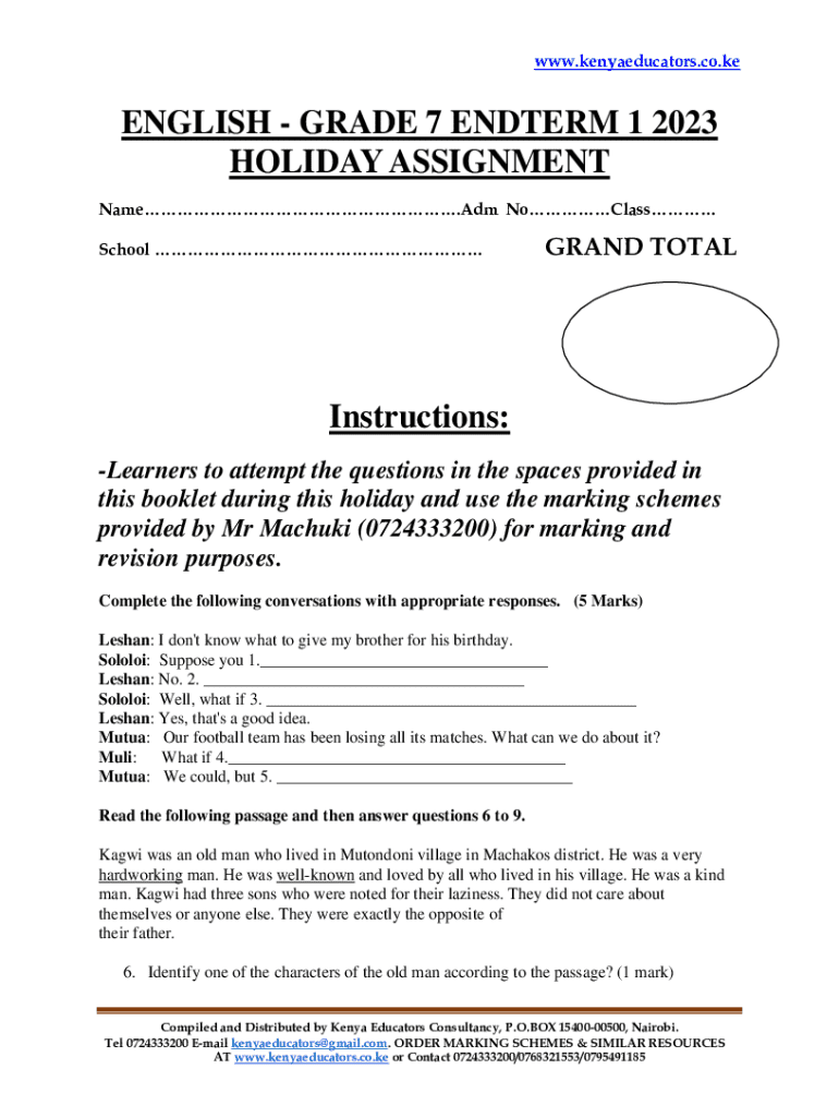 Fillable Online form 1 endterm 1 holiday assignment 2023 all subjects Fax Email Print - pdfFiller