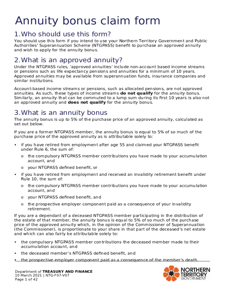 Annuity bonus claim Doc Template | pdfFiller