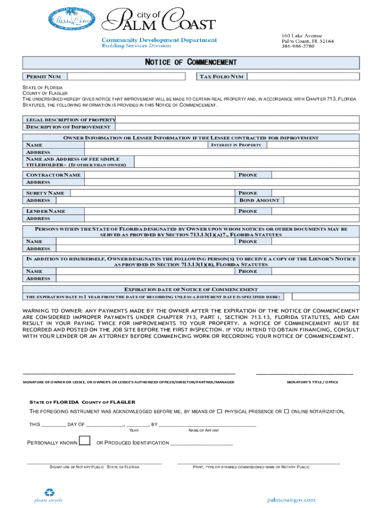 Fillable Online The undersigned hereby gives notice that improvement will be ... Fax Email Print ...