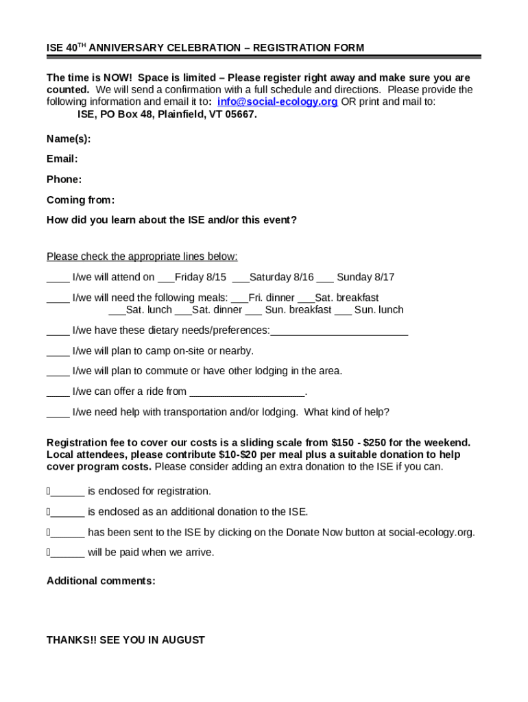 Ise 40th Anniversary Celebration - Registration Doc Template | pdfFiller