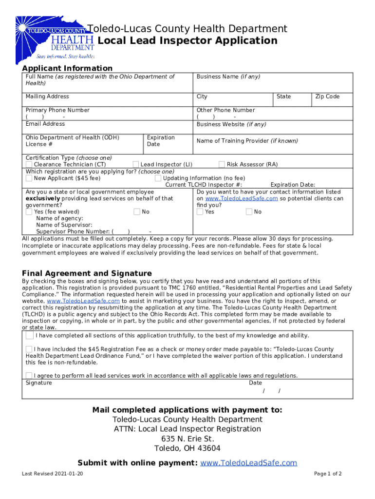 Local Lead Inspector Application Doc Template | pdfFiller