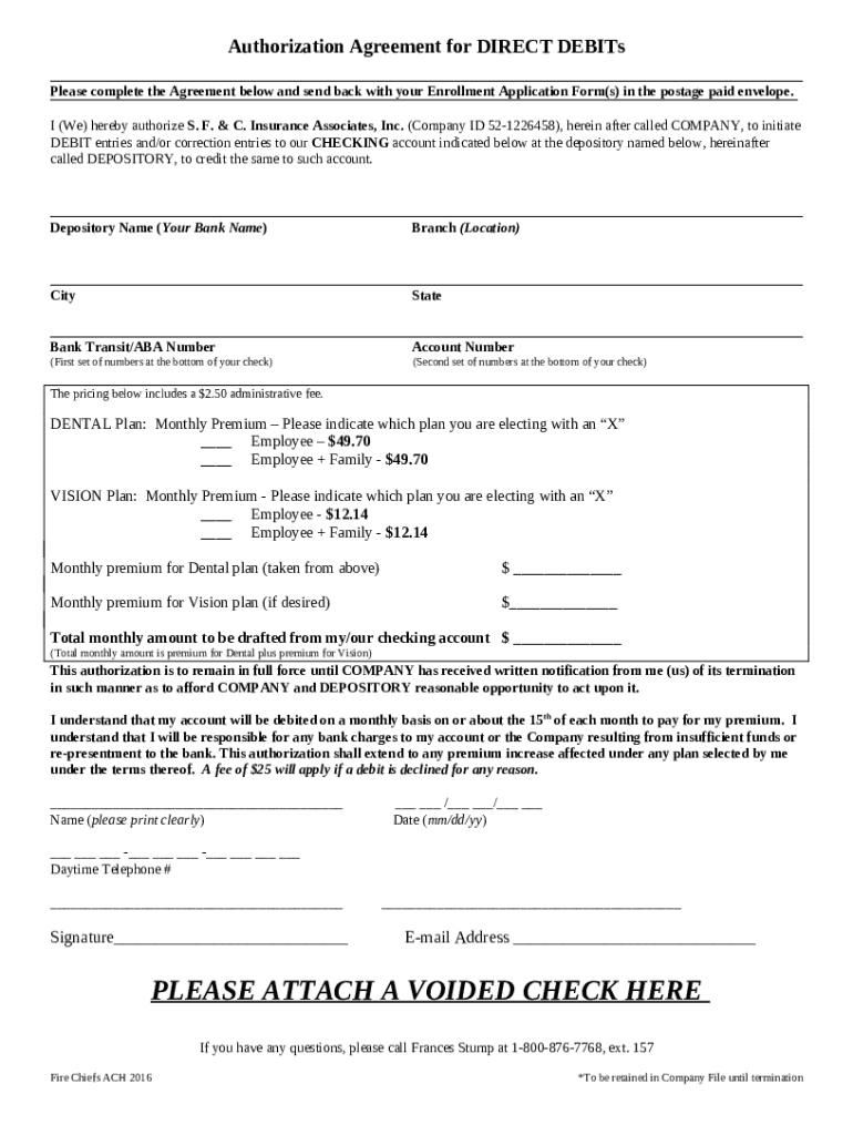 Authorization Agreement for Direct Debits Doc Template | pdfFiller