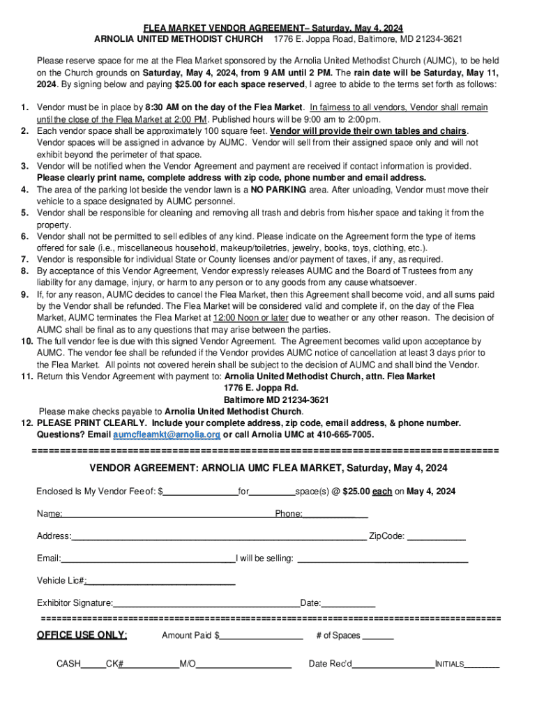 Fillable Online Flea Market Vendor Agreement 2024 - Arnolia United ...