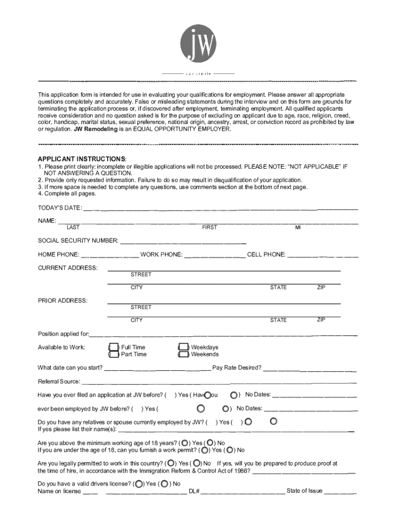 Fillable Online Jw Remodeling Employment Application Form 2023 Fax ...
