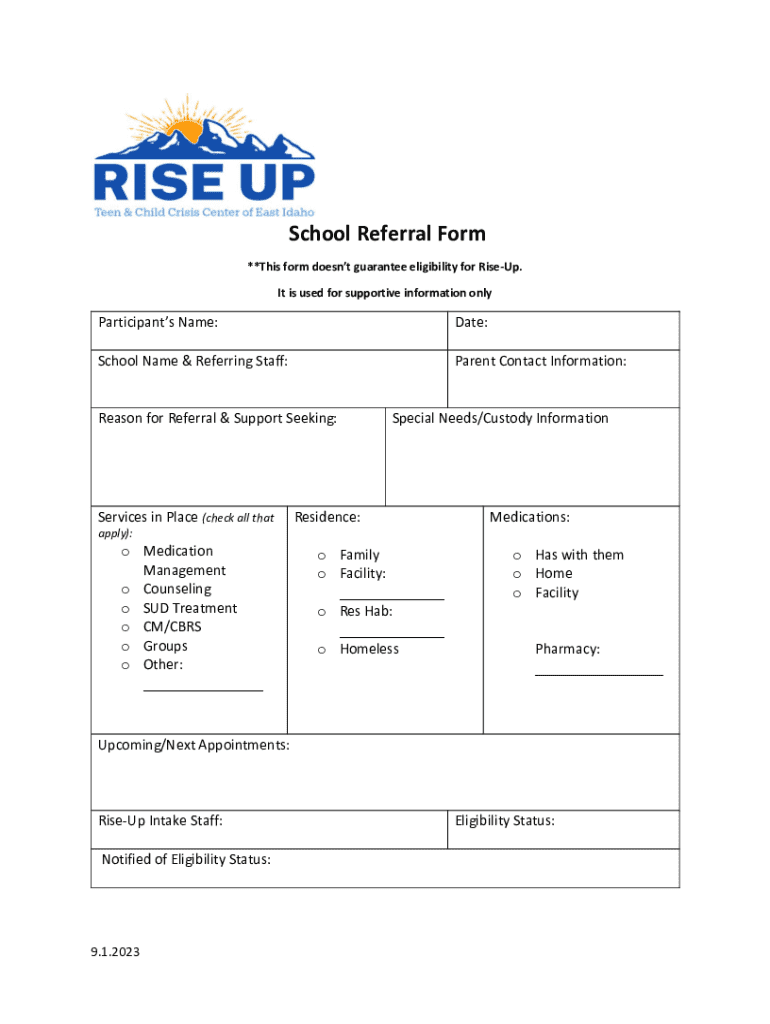 Fillable Online School Referral Form 2023 for Rise-up Eligibility ...