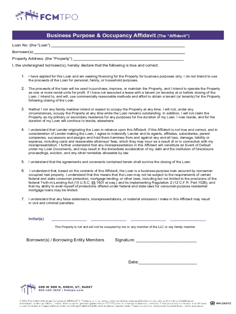 Business Purpose And Occupancy Affidavit - Fill Online, Printable ...