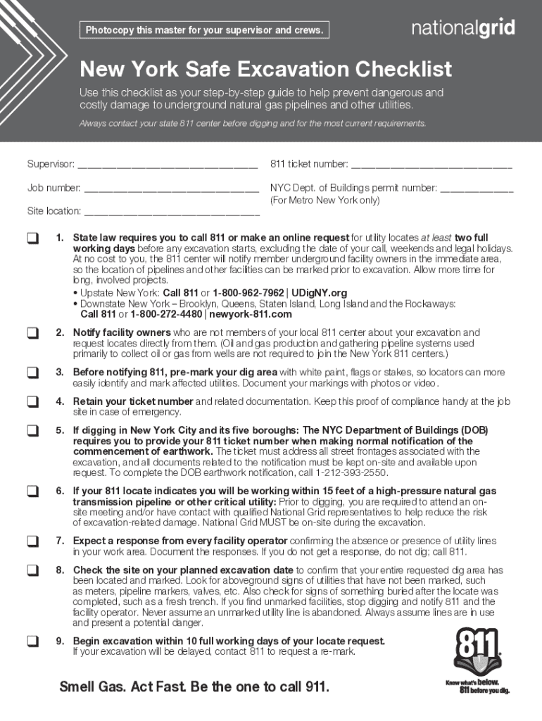 Fillable Online New York Safe Excavation Checklist - National Grid ...