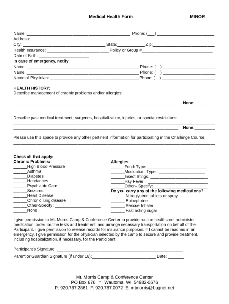 Medical Health for Minors Doc Template | pdfFiller