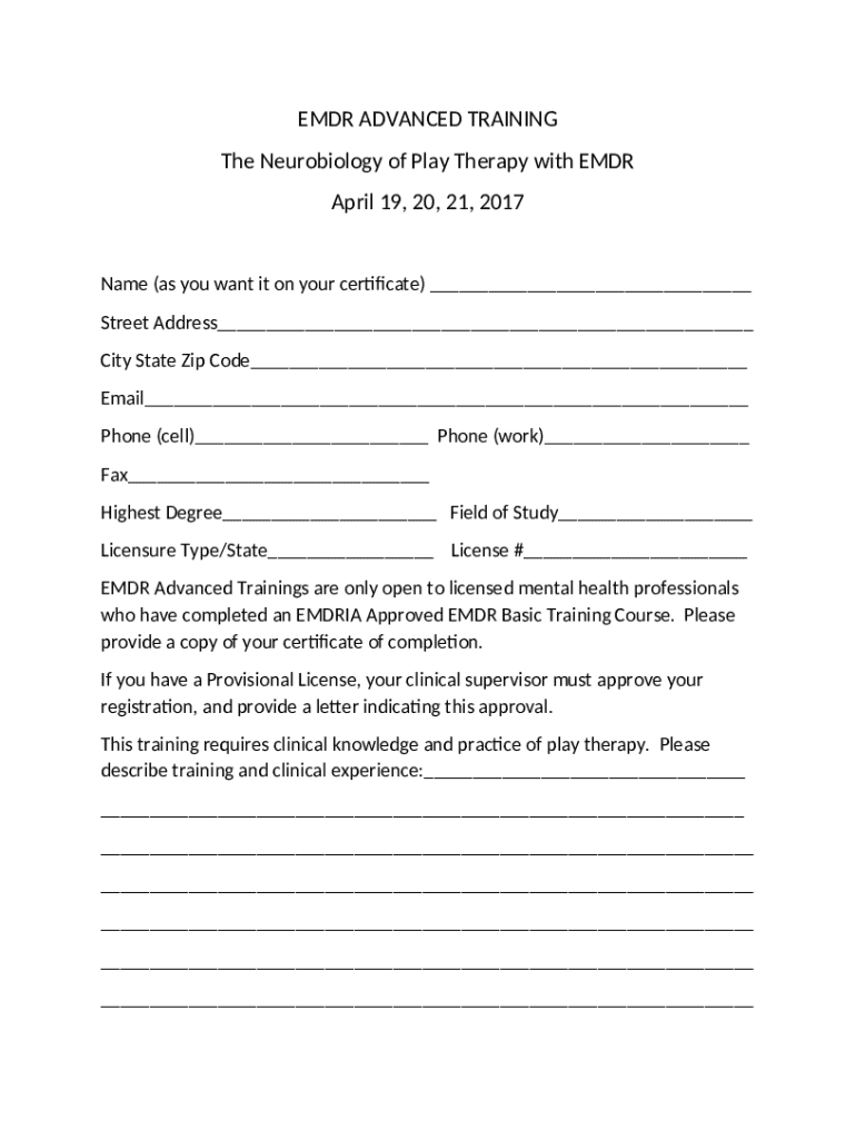 Emdr Advanced Training Application Doc Template | pdfFiller