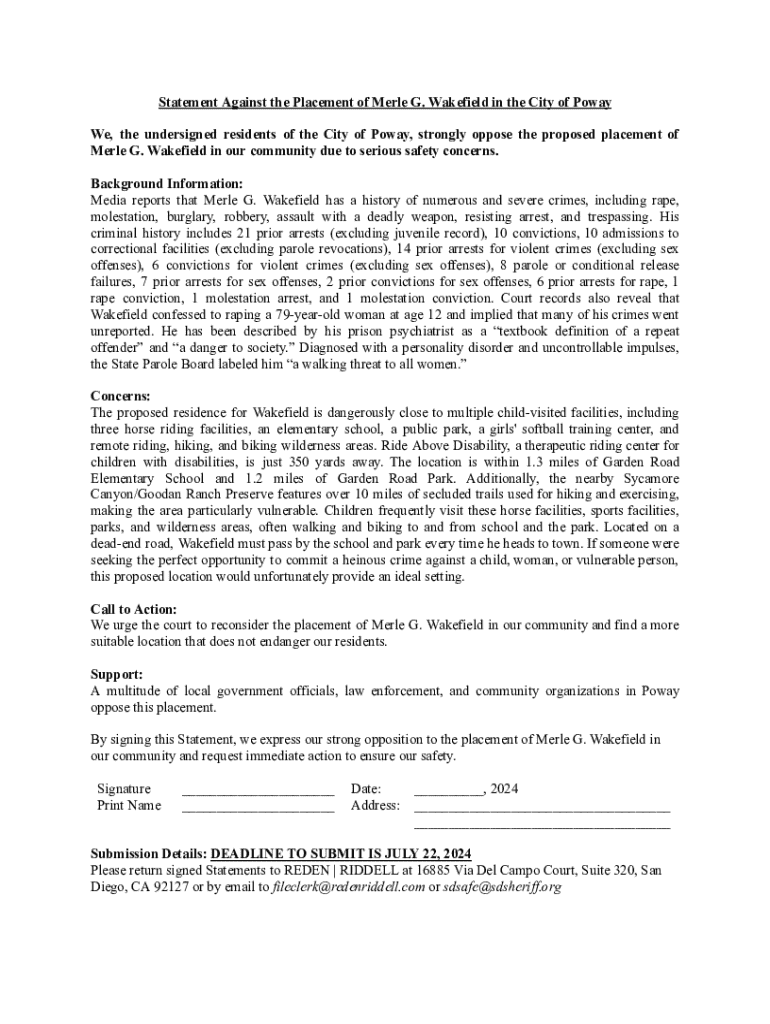 Fillable Online Opposition Statement to Merle G. Wakefield's Placement ...