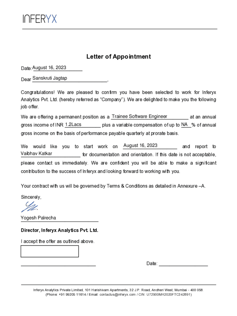 Fillable Online Apprenticeship Offer cum Appointment Letter - NAAC Fax ...