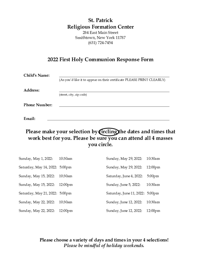 Fillable Online 2022 First Holy Communion Response Form - St. Patrick Religious Formation Center ...