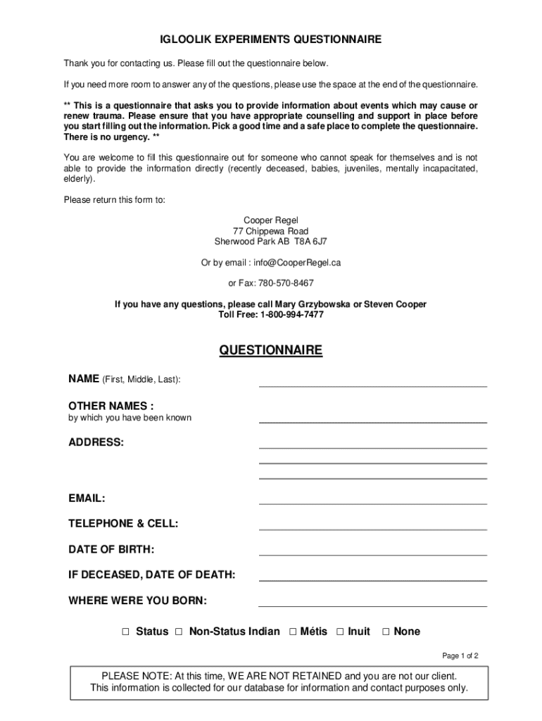 Fillable Online Igloolik Experiments Questionnaire 2023 - Trauma Information Collection Fax ...
