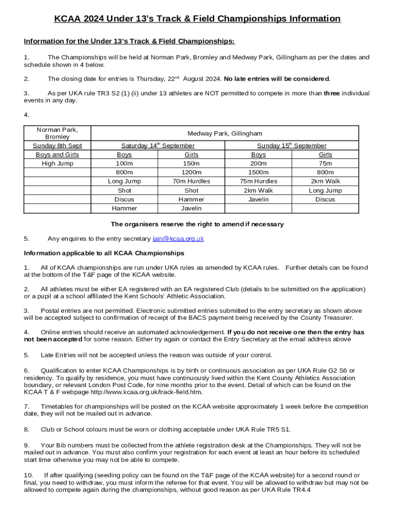KCAA 2024 Under 13s Track & Field Championships Ination Doc Template | pdfFiller