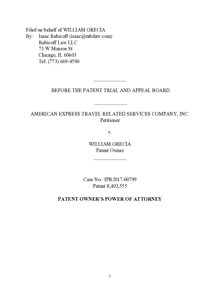 Fillable Online Filed on behalf of William Grecia By: Isaac Rabicoff ...