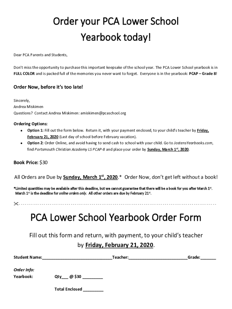 Fillable Online Order your PCA Lower School Yearbook today! Fax Email ...
