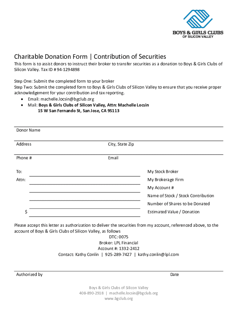 Fillable Online Charitable Donation Form for Securities - Boys & Girls ...