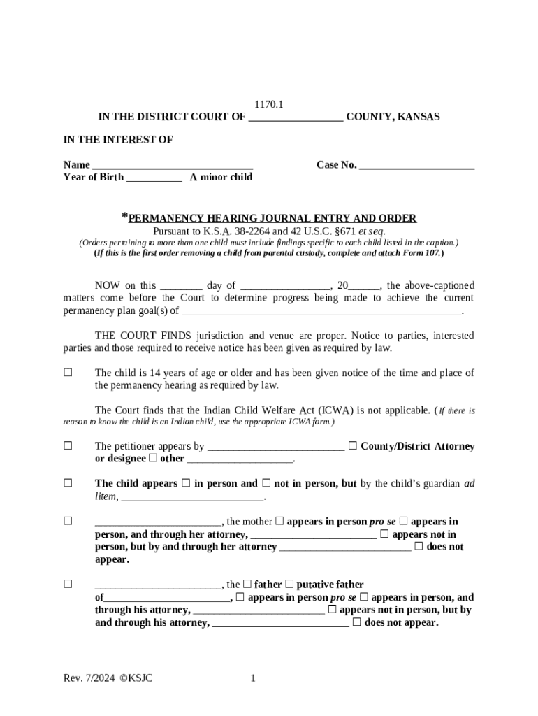 170.1 Permanency Hearing Journal Entry and Order Doc Template | pdfFiller