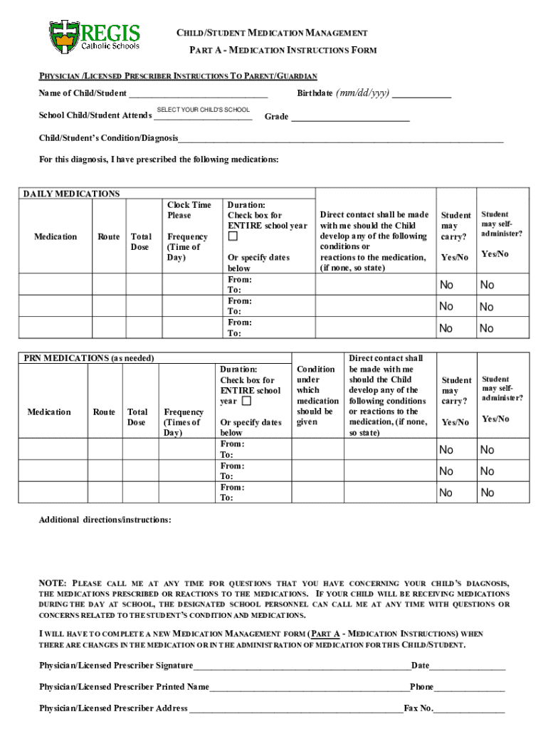 Fillable Online CHILD/STUDENT MEDICATION MANAGEMENT Fax Email Print ...