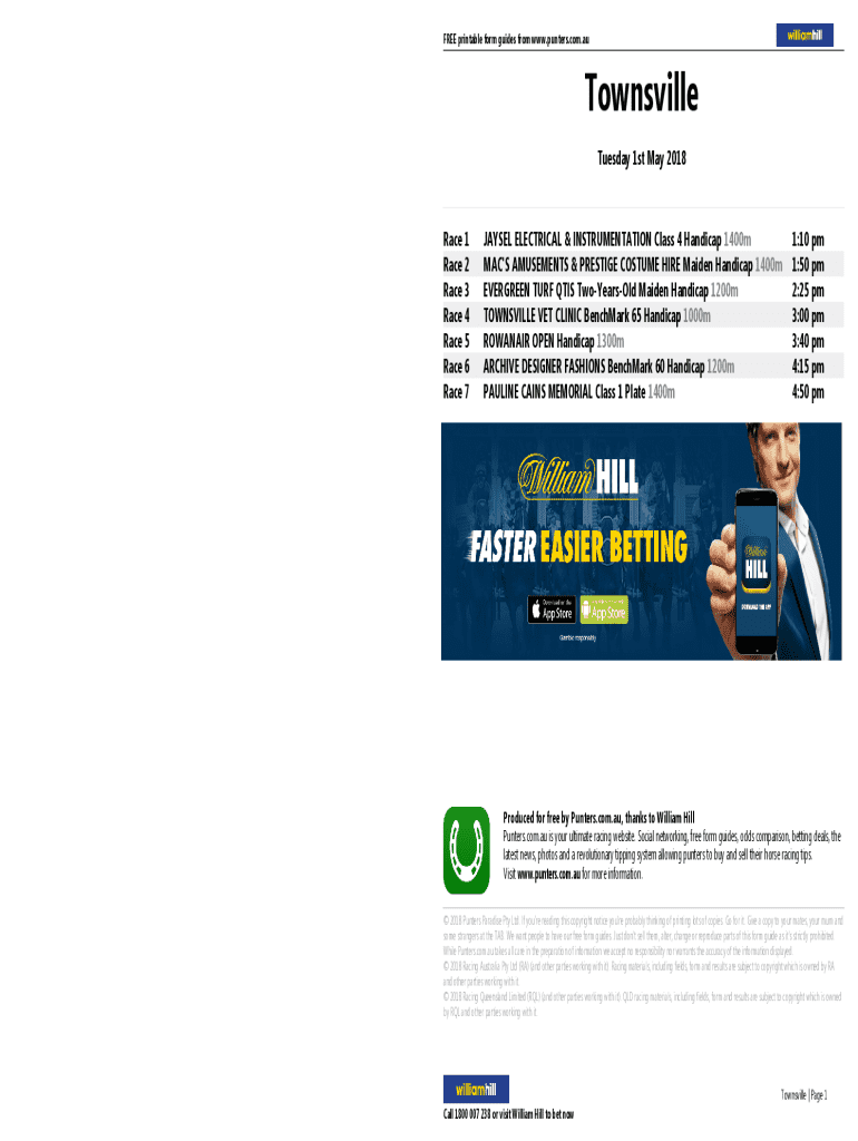 Fillable Online Townsville Printable Form Guide - Tuesday 1st May 2018 ...