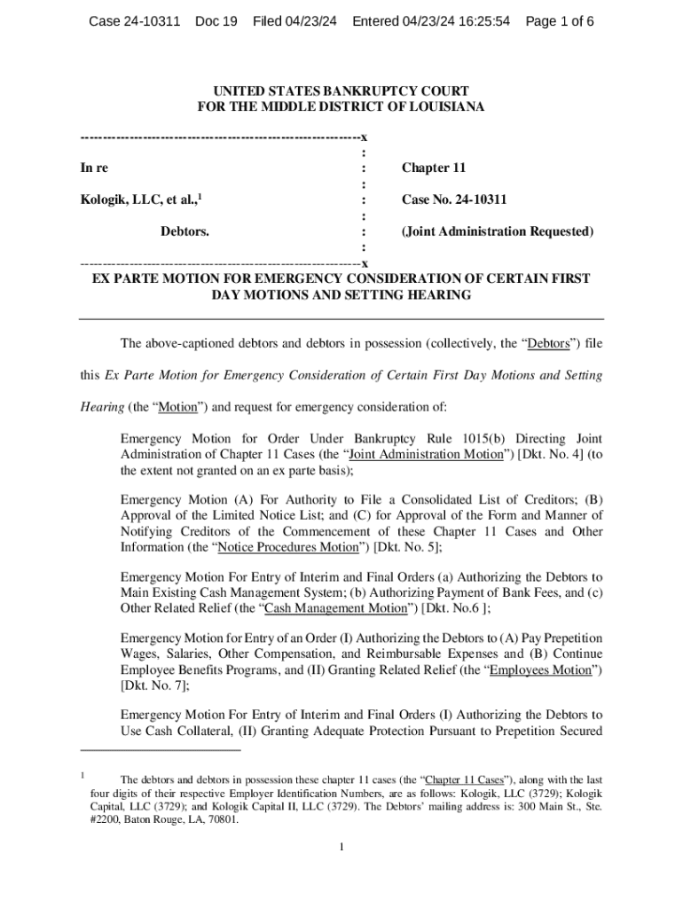 Fillable Online Emergency Consideration of Chapter 11 First Day Motions ...