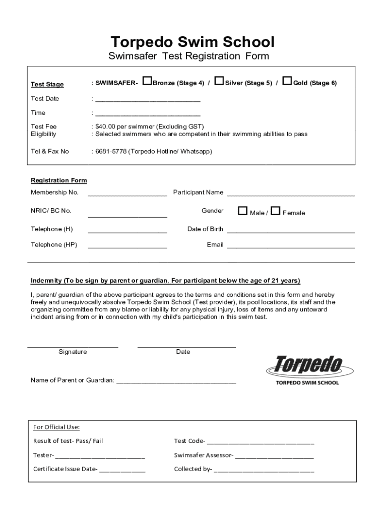 Fillable Online Torpedo Swim School - Swimsafer Test Registration Form ...