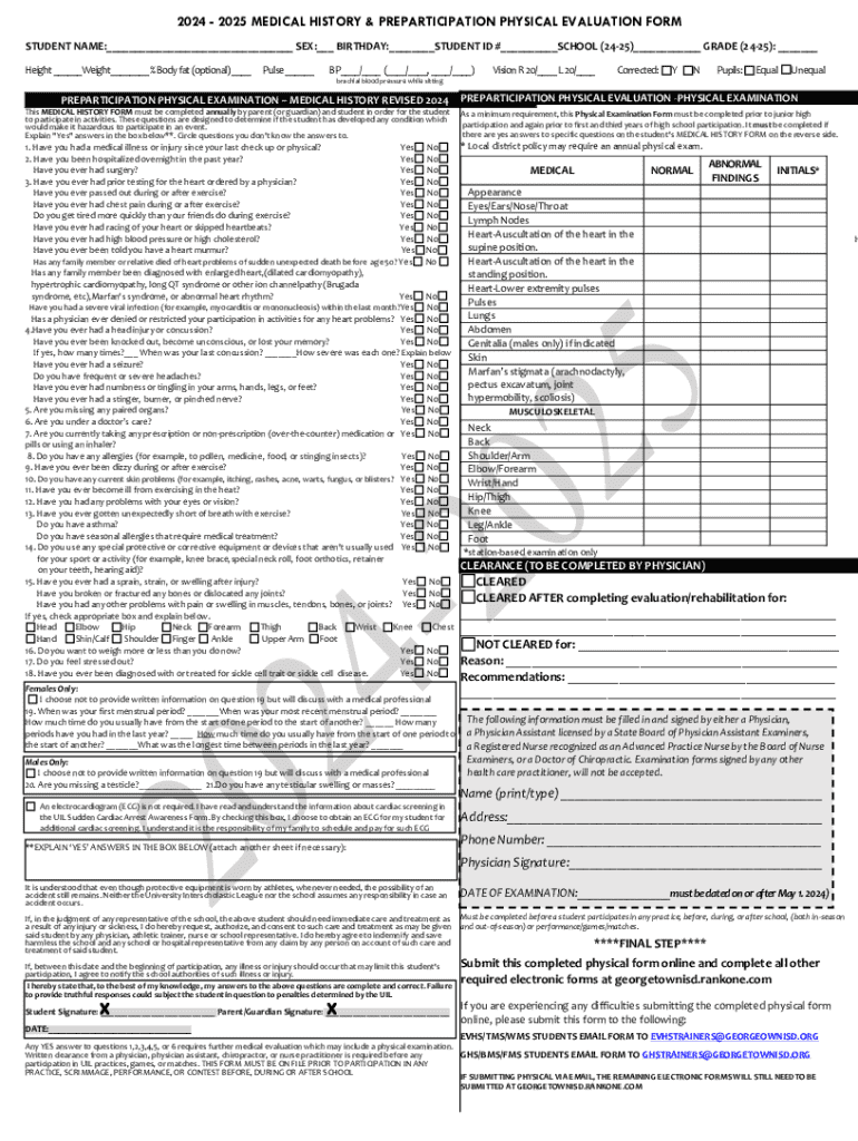 Fillable Online 2024-2025 Medical History & Preparticipation Physical Evaluation Form Fax Email ...