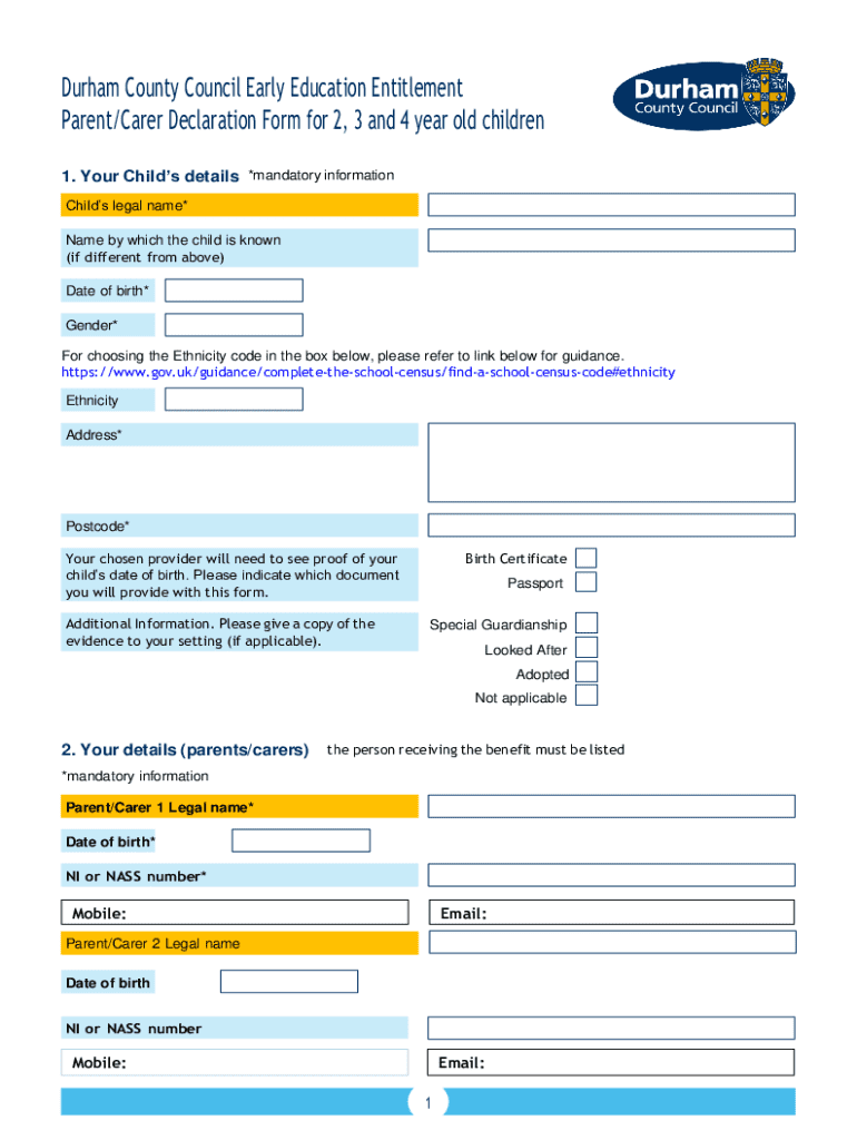 Fillable Online Durham County Council Early Education Entitlement Parent/Carer Declaration Form ...