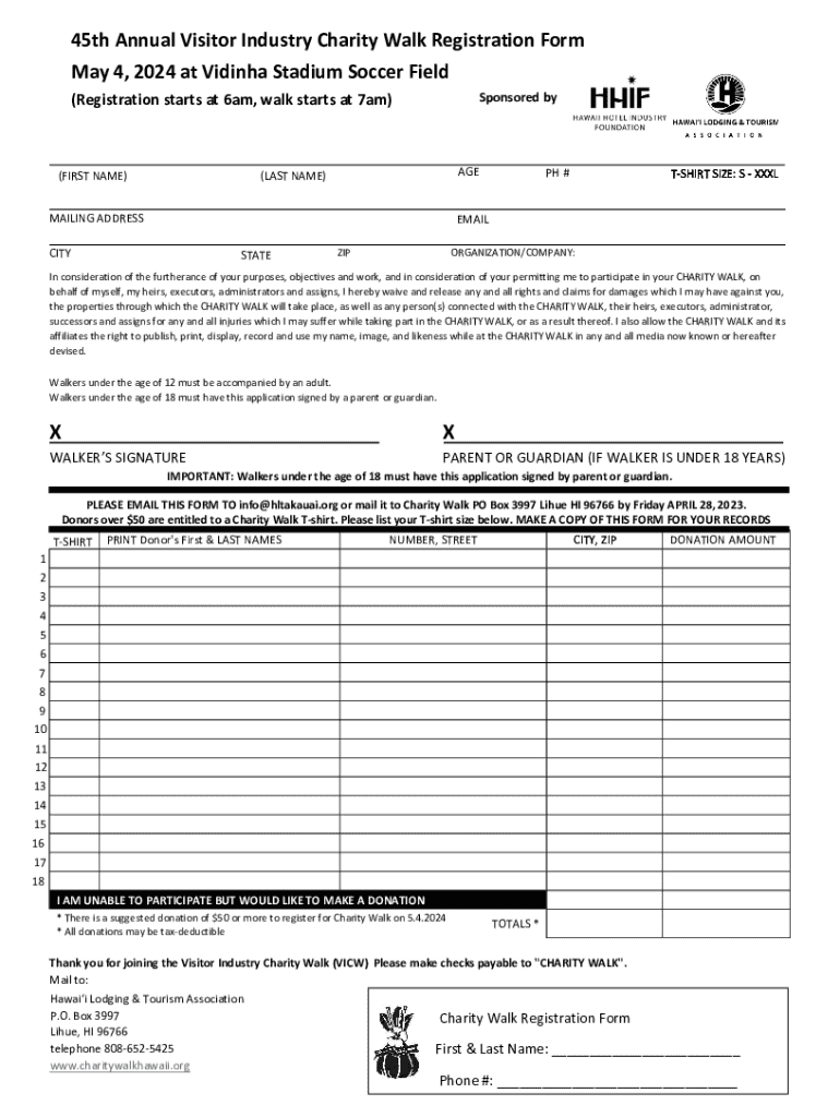 Fillable Online 45th Annual Visitor Industry Charity Walk Registration ...