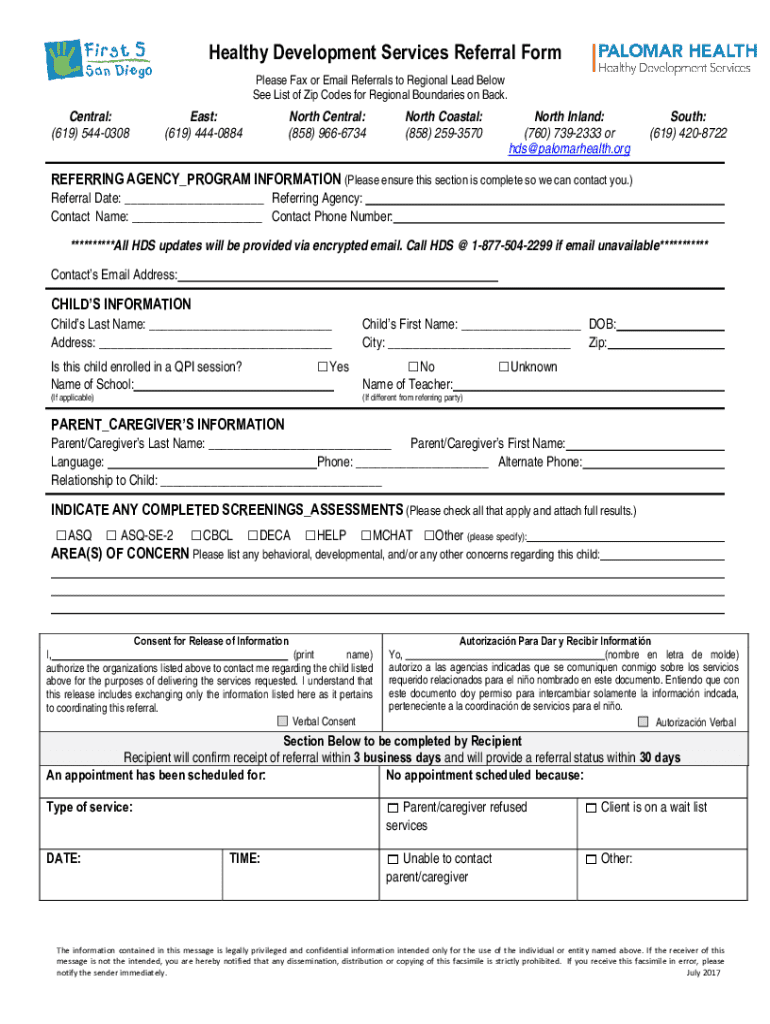 Fillable Online Yes No Healthy Development Services Referral Form Fax ...