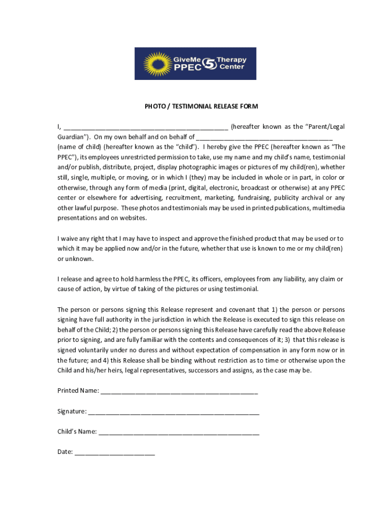 Fillable Online PHOTO / TESTIMONIAL RELEASE FORM I, (hereafter known as ...