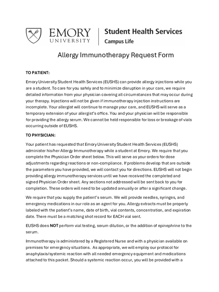 Fillable Online Allergy Immunotherapy Request Form Fax Email Print ...