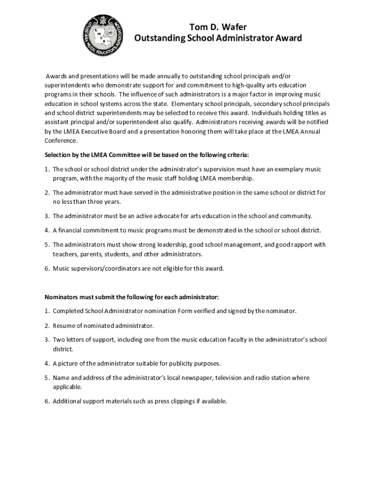Fillable Online Outstanding School Administrator Award for Arts ...