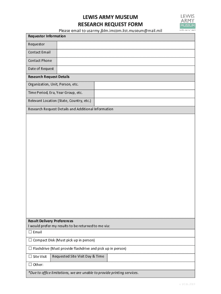 Fillable Online Lewis Army Museum Research Request Form - 2019 Fax ...