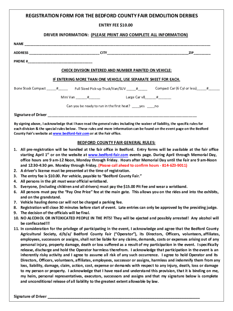Fillable Online Bedford County Fair Demolition Derbies 2016 ...