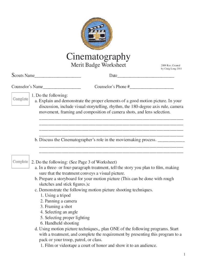 Fillable Online Cinematography Merit Badge Worksheet 2009 - Enhance ...