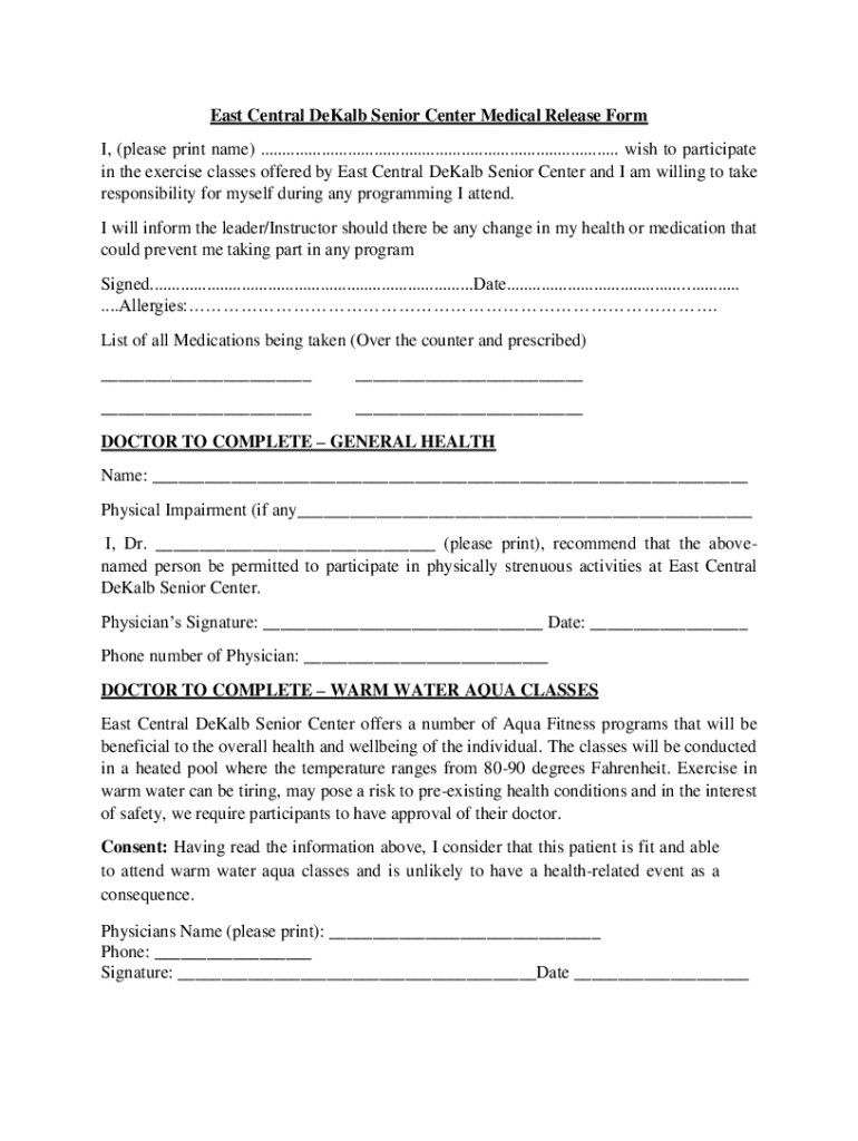 Fillable Online East Central DeKalb Senior Center Medical Release Form Fax Email Print - pdfFiller