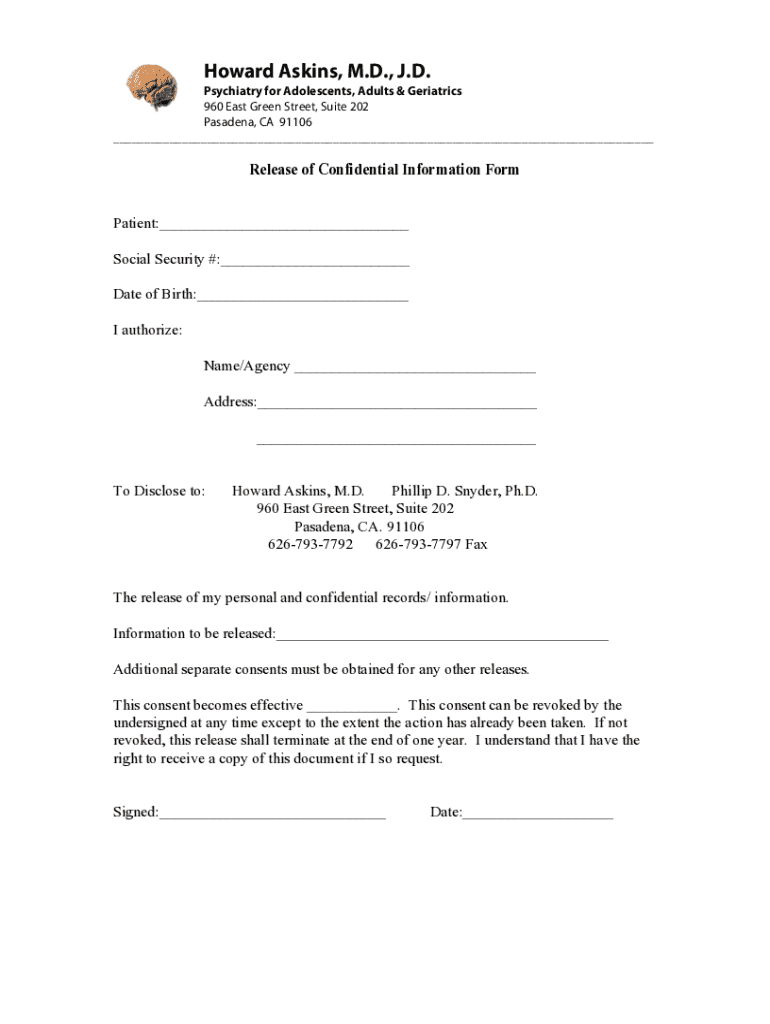 Fillable Online Patient Consent Form - dr. howard askins psychiatry Fax Email Print - pdfFiller