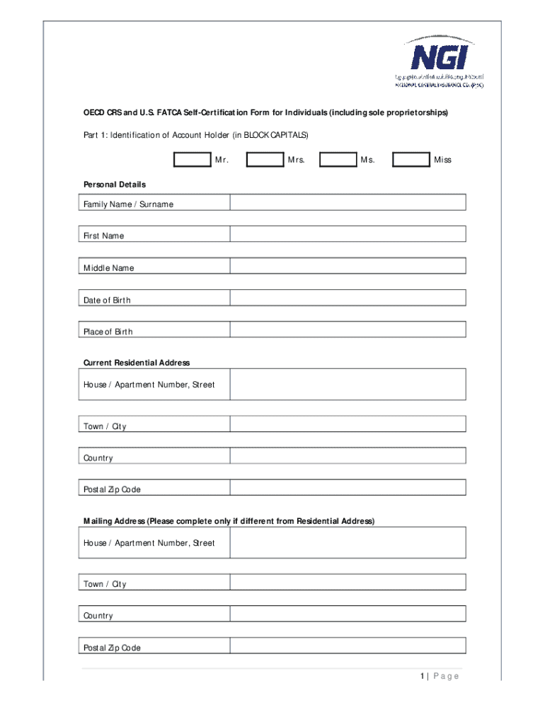 Fillable Online 1Page OECD CRS and U.S. FATCA Self-Certification Form ...