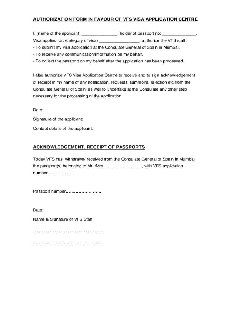 Fillable Online Authorization Form for Vfs Visa Application Centre 2023 ...